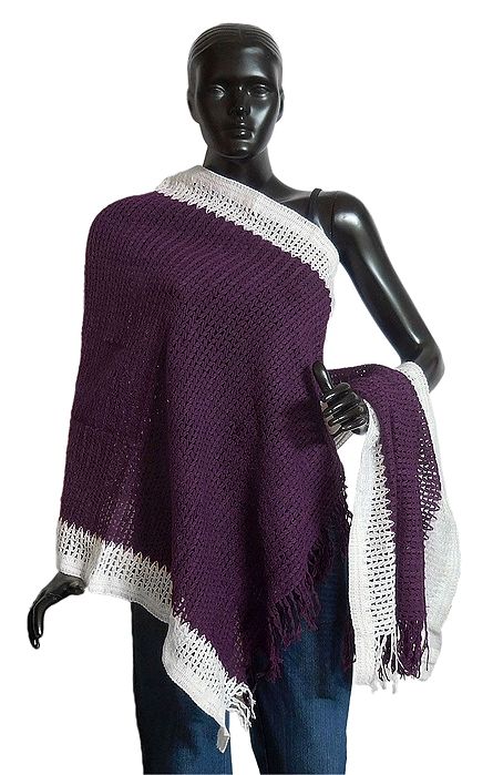 Dark Mauve Woolen Stole with White Border - Online Shop