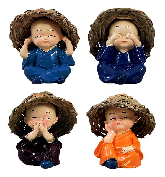 Set of 4 Cute Baby Monks - Stone Dust Statues