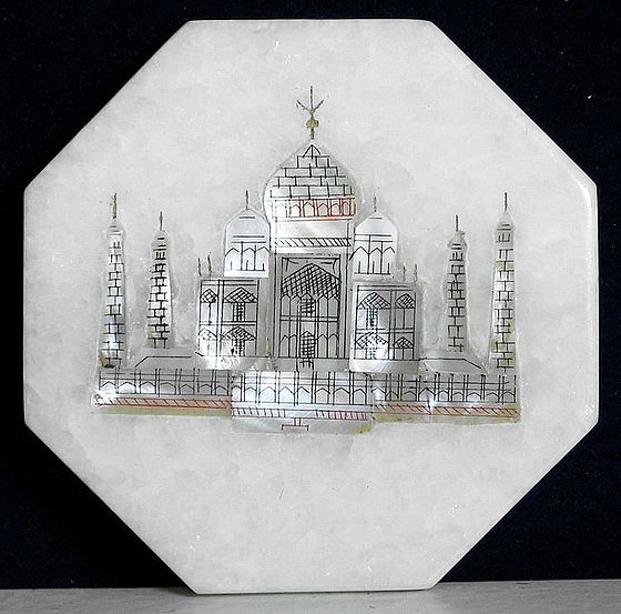 Shell Inlay Taj Mahal on Hexagonal White Marble Coaster