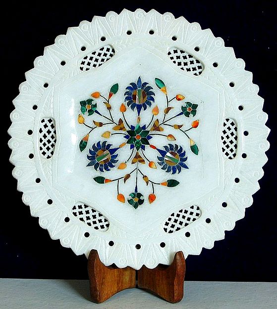 Colored Stone Inlay Flowers on Intricately Carved Round White Marble Plate