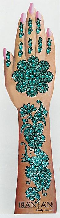 One Piece Dark Cyan Stone Studded and Glitter Hand Tattoo