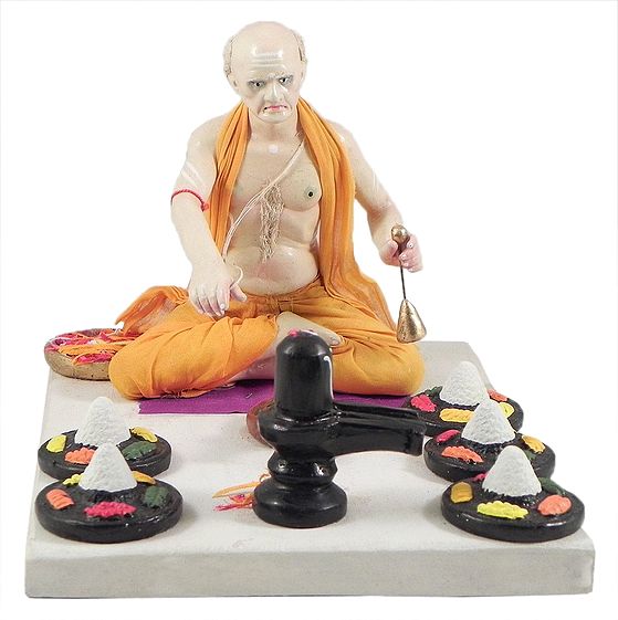 Clay Statue of Priest Performing Puja - 6 x 6 x 7 inches