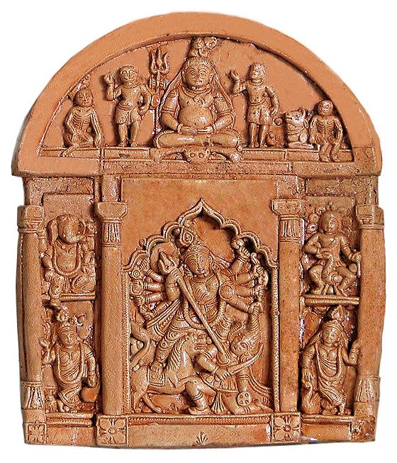 Goddess Durga With Her Family (Temple Carvings) - Wall Hanging