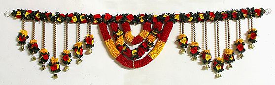 Satin Ribbon Flower Door Toran with Beads and Golden Bell - (Decorative ...
