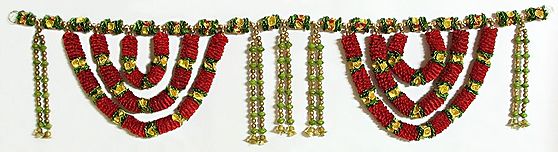 Satin Ribbon Flower Door Toran with Beads and Golden Bell - (Decorative ...