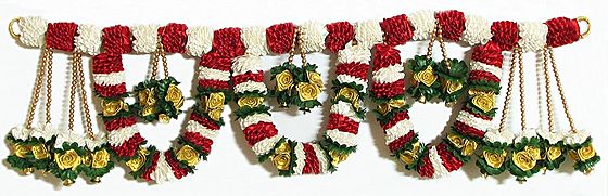 Satin Ribbon Flower Door Toran with Beads and Golden Bell - (Decorative ...