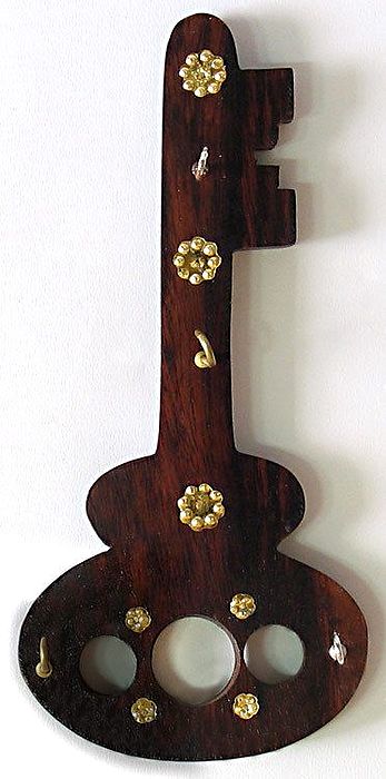 Brass Inlay on Wood Carving Key with Four Key Hooks