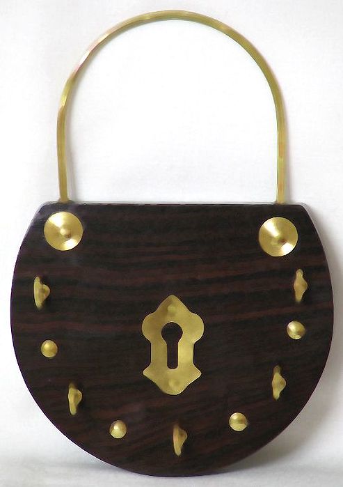 Brass Inlay on Wood Carved Lock with Five Key Hooks - Wall Hanging