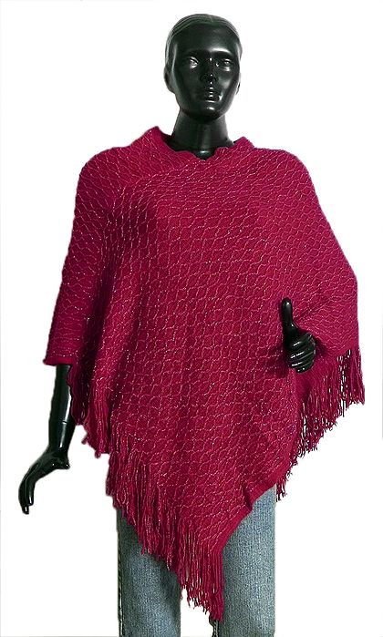 Red Woolen Poncho - Length - 27 inches with Fringes
