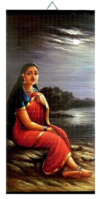 Lady in Moonlight (Raja Ravi Varma Painting) Painting on Woven Bamboo ...
