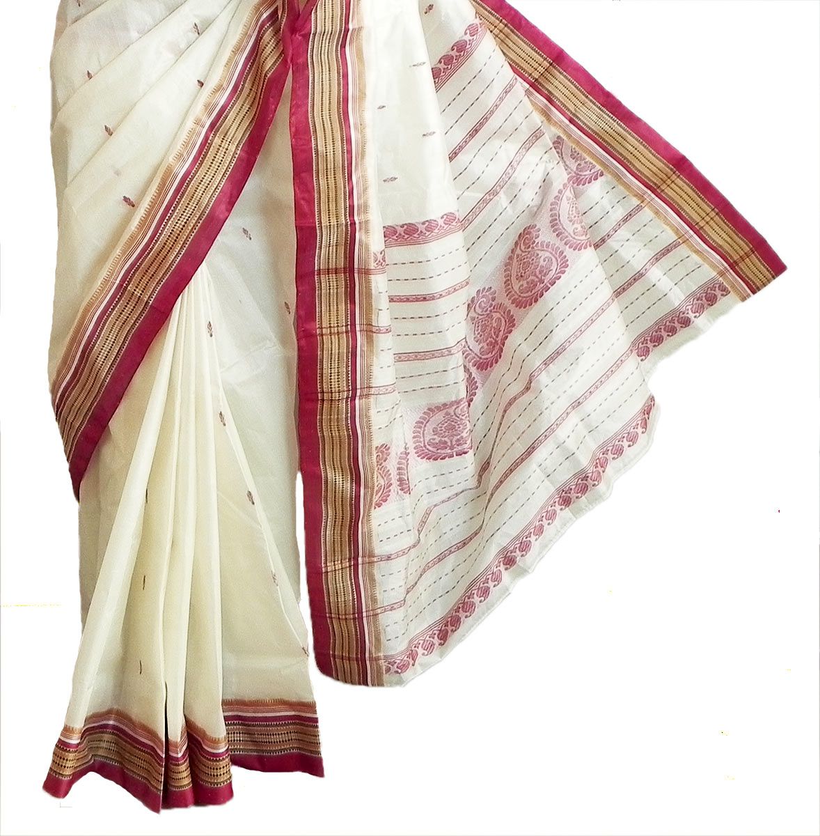 White Garad Silk Saree with All-Over Red Boota, Border and Pallu