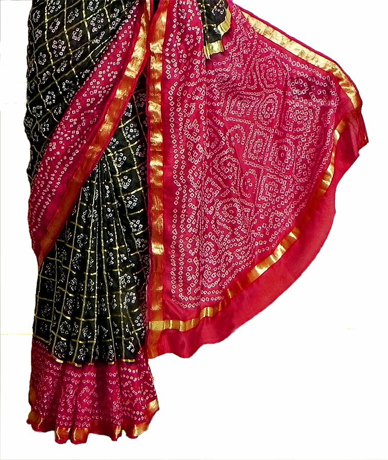 Tie and Dye Black Gharchola Silk Saree with Zari Check, Red Border and ...