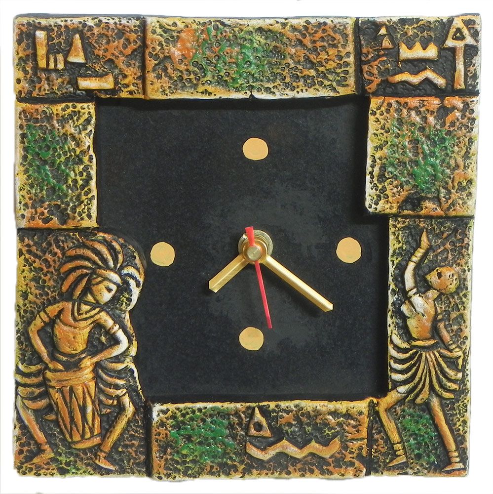 Battery Operated Square Table Clock in a Terracotta Plate with Tribal ...